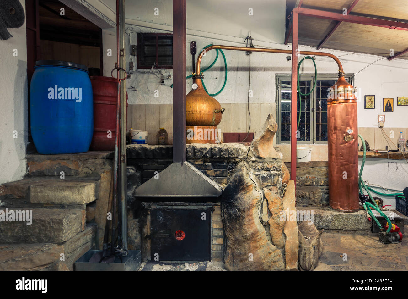 Traditional distillation of raki - tsipouro in Crete - kazani Stock ...