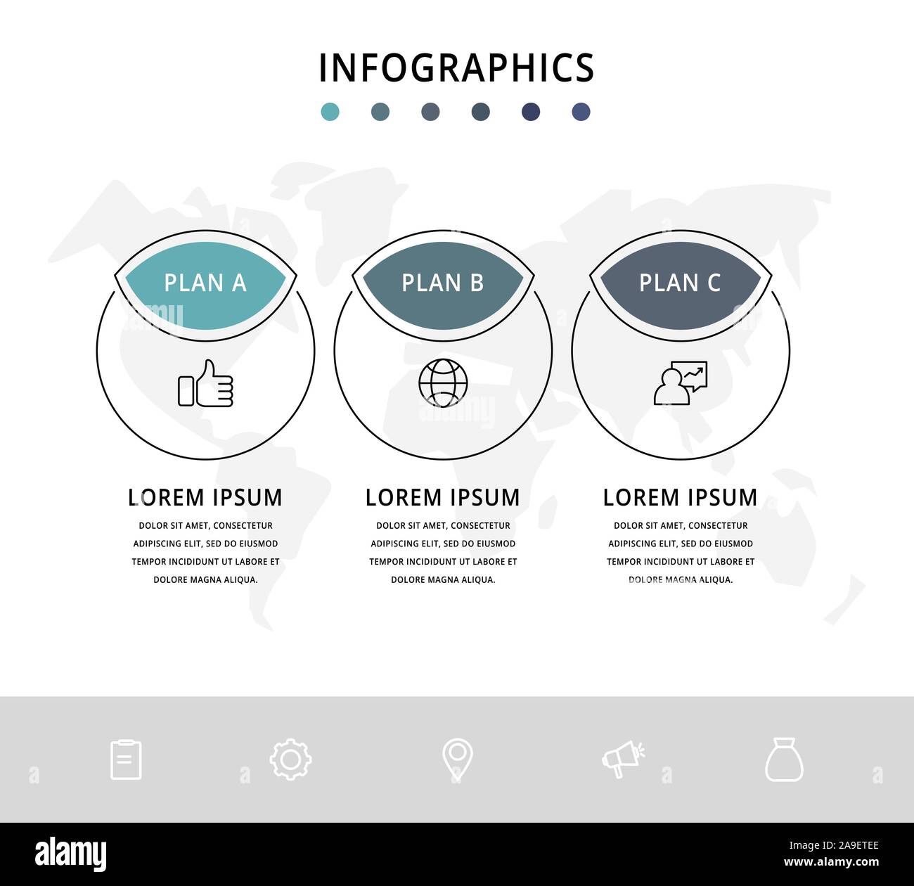 Vector flat infographic template. Line circles with text and icons for three diagrams, graph ...