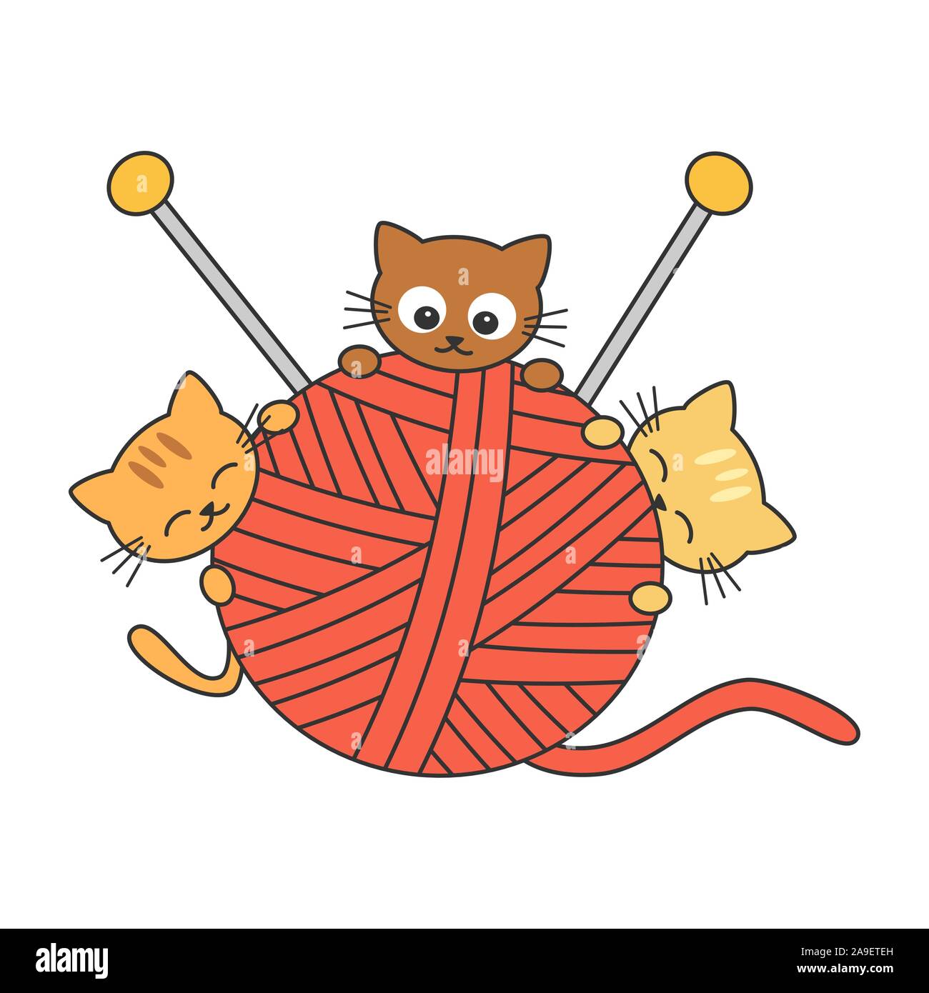 cute cartoon cats playing with wool ball funny vector illustration ...