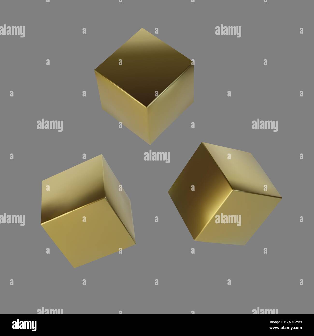 Set golden cube isolated on grey background. Design element of 3d box ...