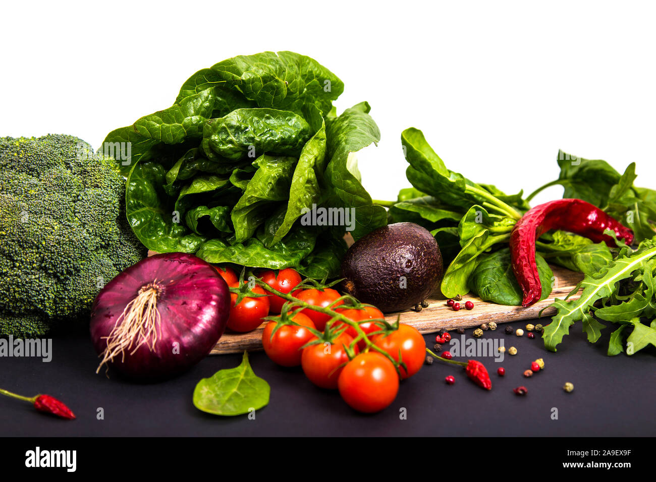 Raw organic vegetables with fresh ingredients for healthily cooking on ...