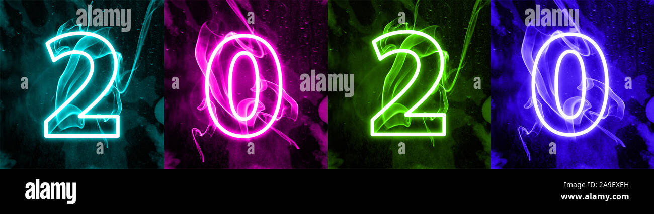 2020 in neon multi colour design, parallel lines pattern on black ...