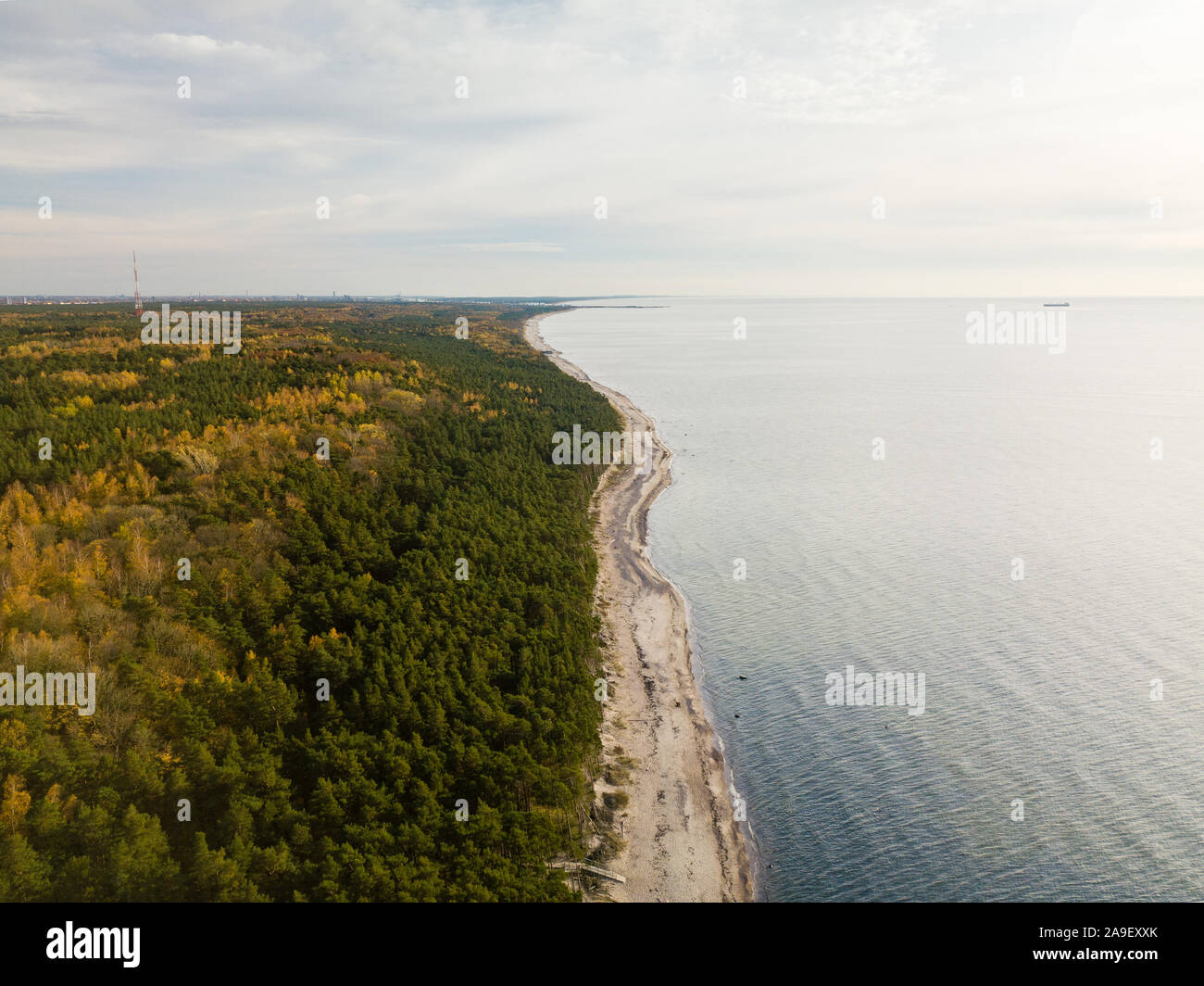 Aerial view of baltic beach sea shore with Klaipeda sea port in the ...