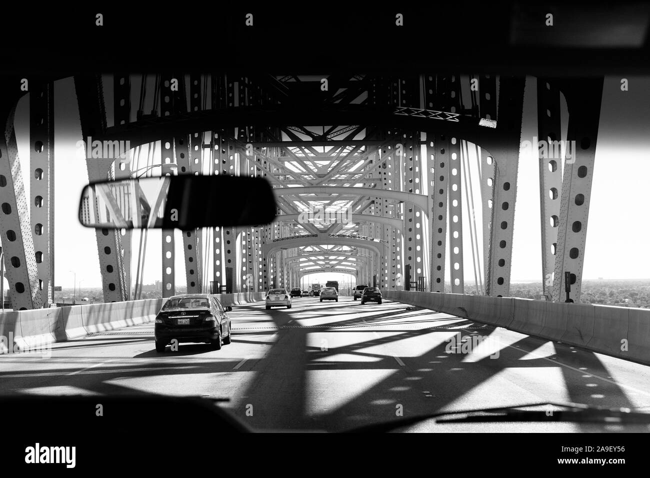 Crossing the Mississippi river in a cab on Crescent City Connection ...
