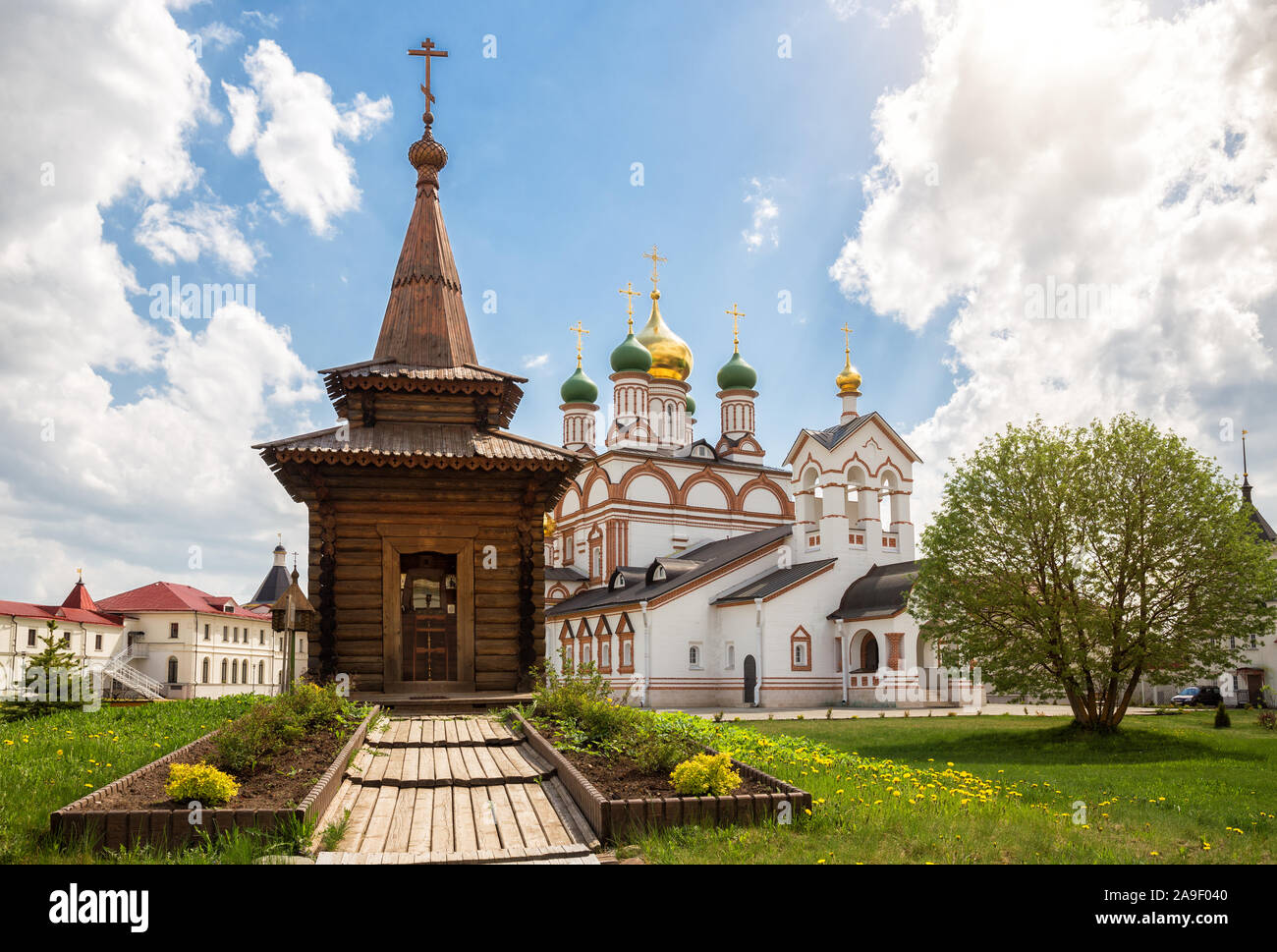 Wooden chapel of St. Sergius of Radonezh in front of the cathedral of ...