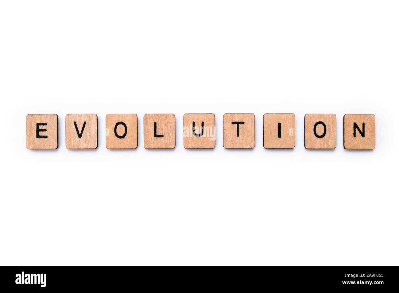 The word EVOLUTION, spelt with wooden letter tiles over a plain white ...