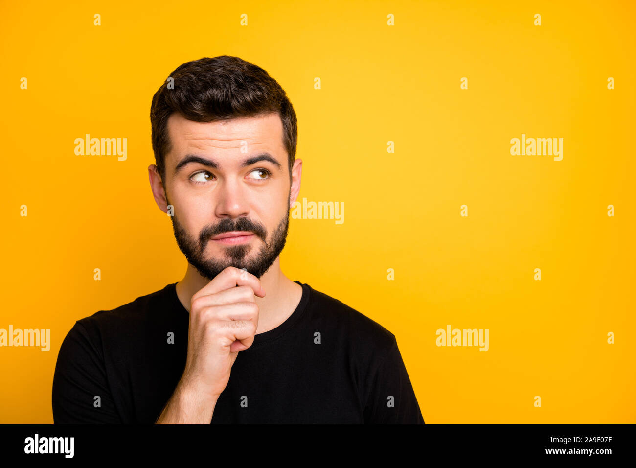 Close up photo of focused minded guy think thoughts black friday touch ...