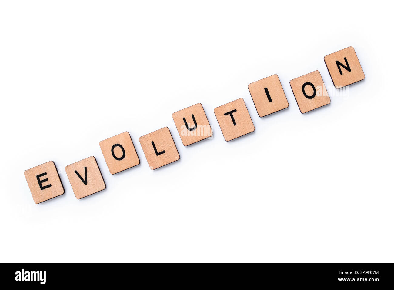 The word EVOLUTION, spelt with wooden letter tiles over a plain white ...