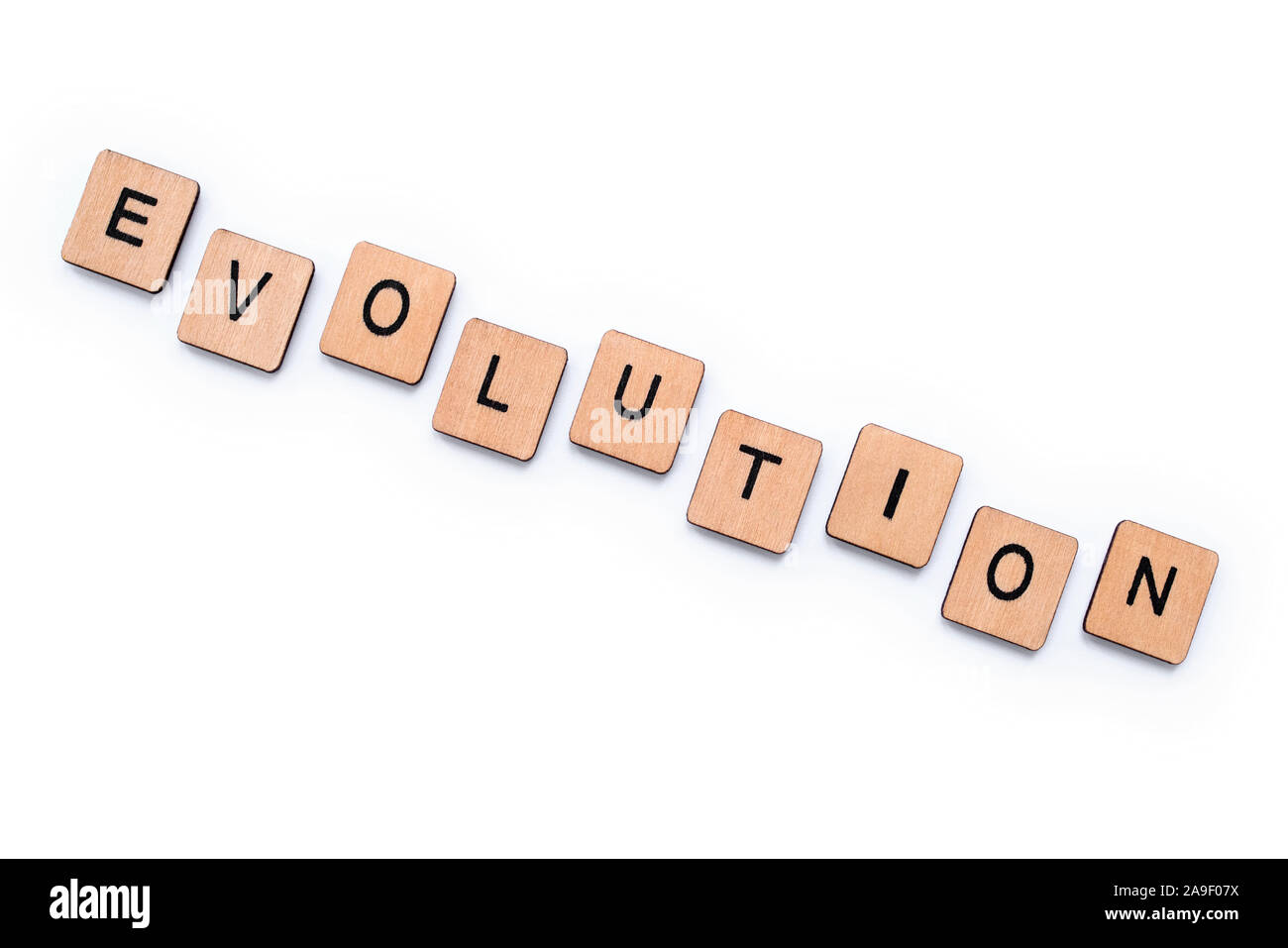 The word EVOLUTION, spelt with wooden letter tiles over a plain white ...