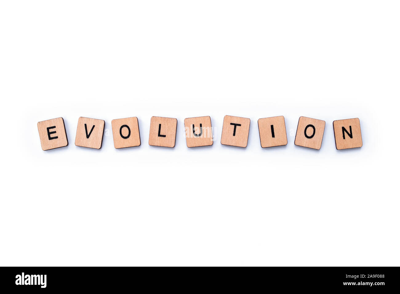 The word EVOLUTION, spelt with wooden letter tiles over a plain white ...