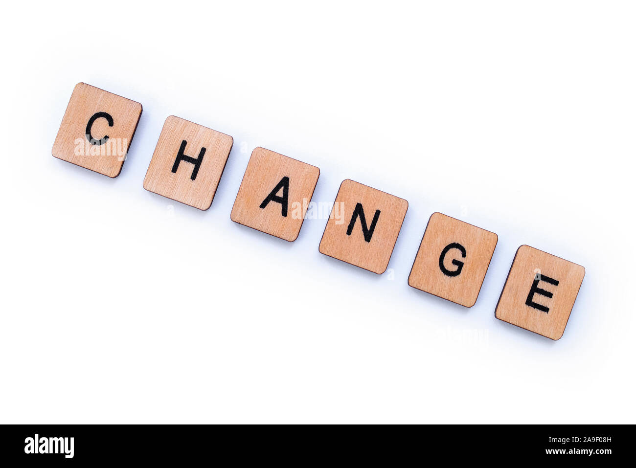 The word CHANGE, spelt with wooden letter tiles over a white background ...