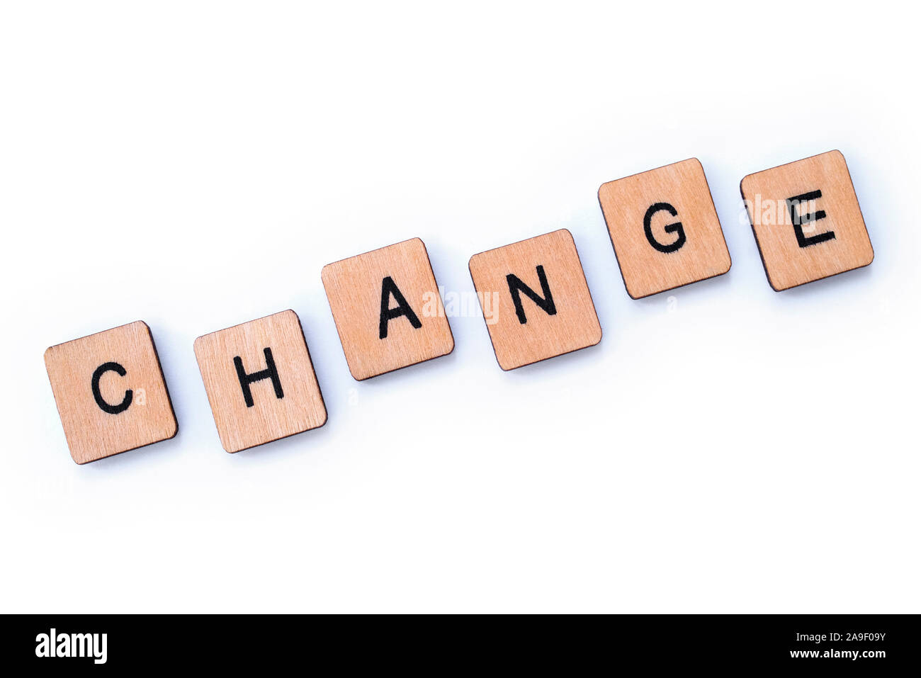 The word CHANGE, spelt with wooden letter tiles over a white background ...