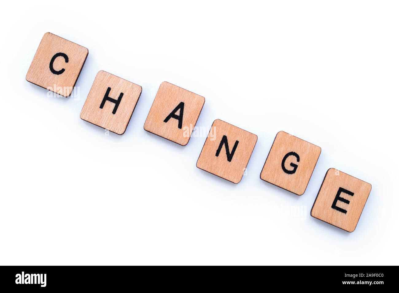 The word CHANGE, spelt with wooden letter tiles over a white background ...