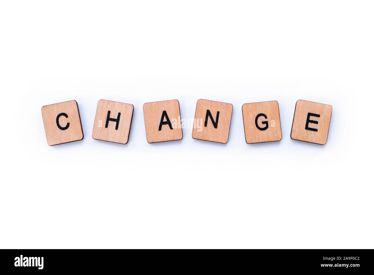 The word CHANGE, spelt with wooden letter tiles over a white background ...