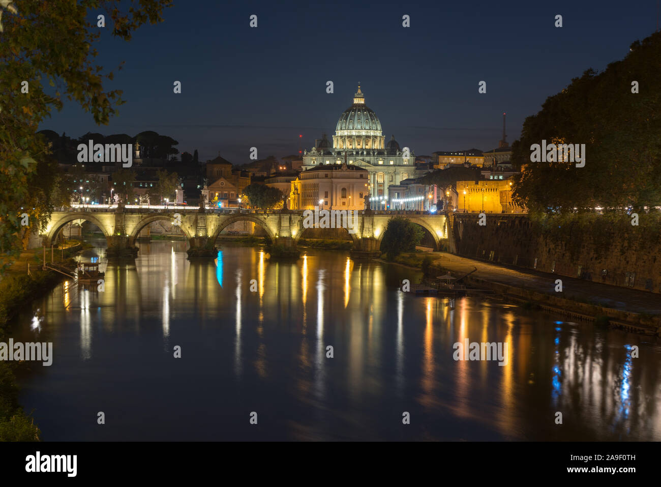 Dusk at Vatican City. St. Peter's basilica in Rome, Vatican, the dome ...