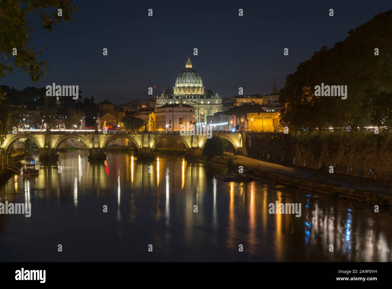 Dusk at Vatican City. St. Peter's basilica in Rome, Vatican, the dome ...