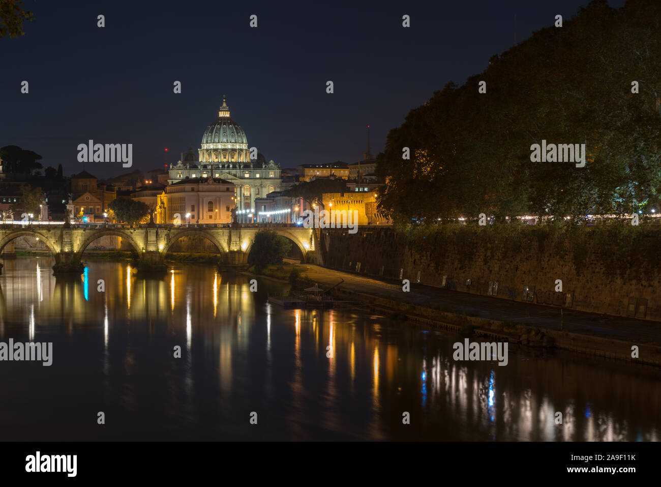 Dusk at Vatican City. St. Peter's basilica in Rome, Vatican, the dome ...