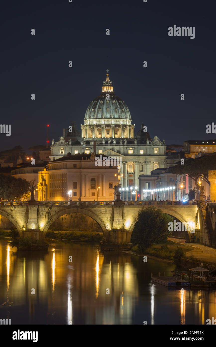 Dusk at Vatican City. St. Peter's basilica in Rome, Vatican, the dome ...