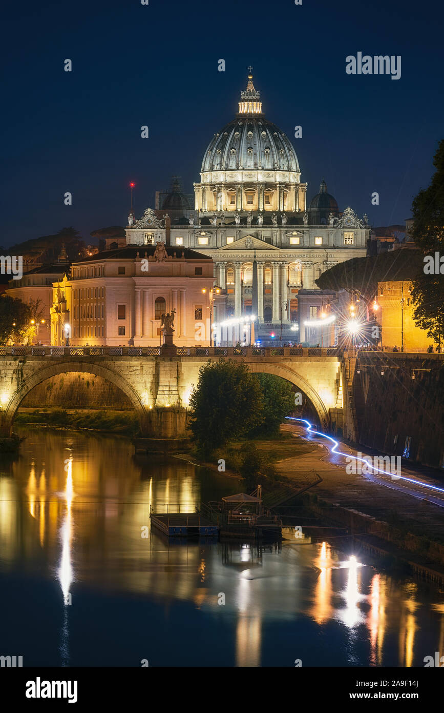 Dusk at Vatican City. St. Peter's basilica in Rome, Vatican, the dome ...