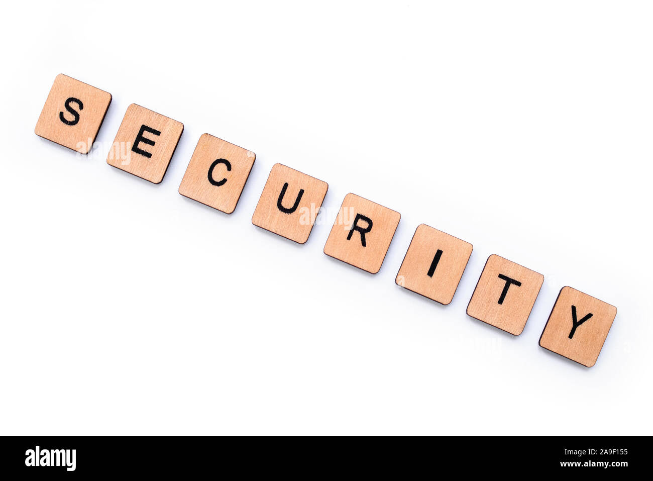 The word SECURITY, spelt with wooden letter tiles over a white ...