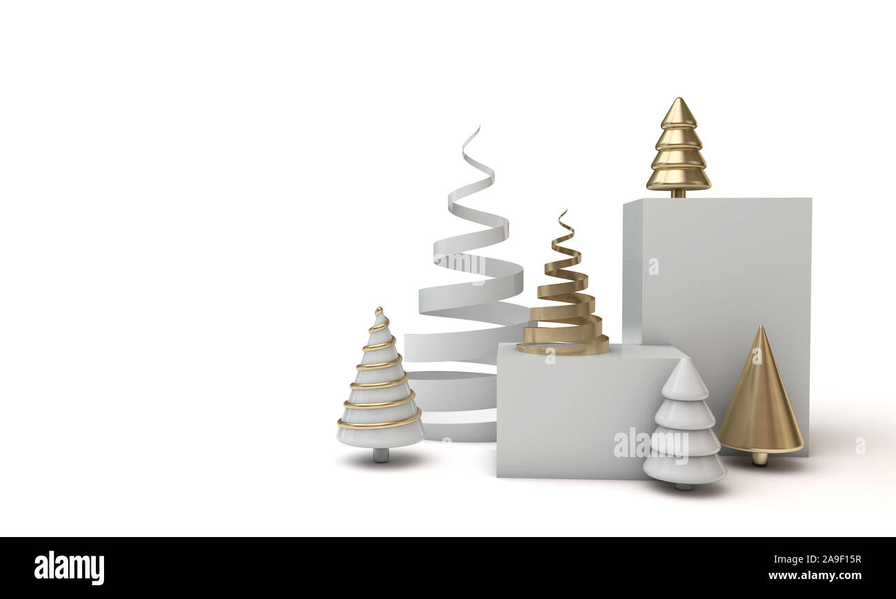 Festive minimal Christmas tree banner with gold and white shapes. 3D ...