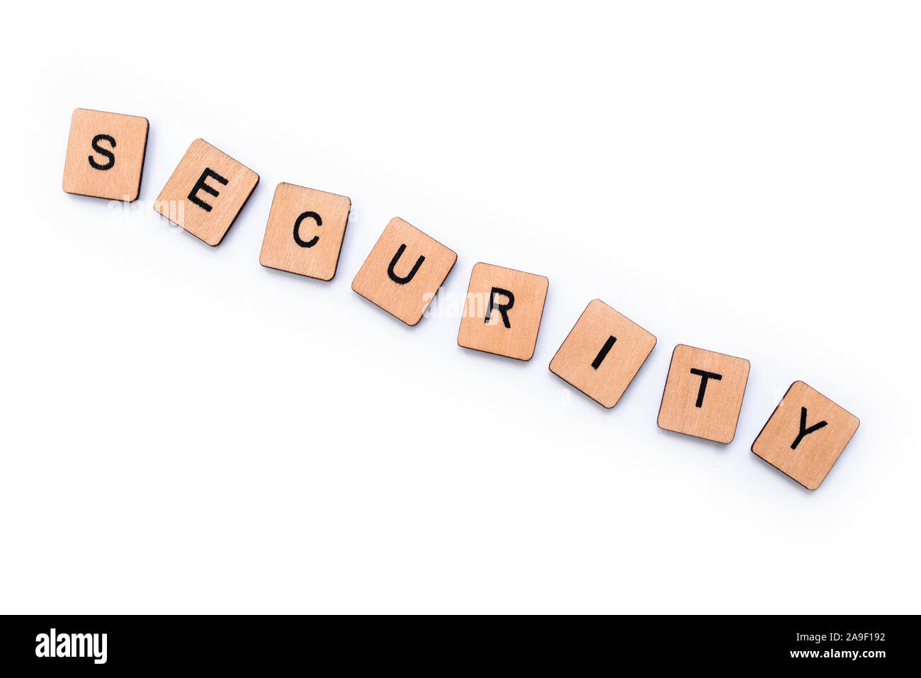 The word SECURITY, spelt with wooden letter tiles over a white ...