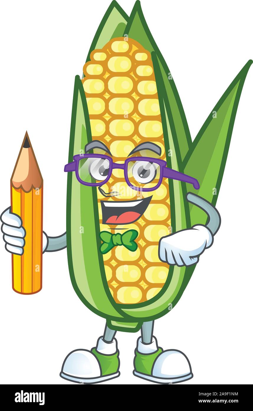 Cartoon corn raw with the character student holding pencil Stock Vector ...
