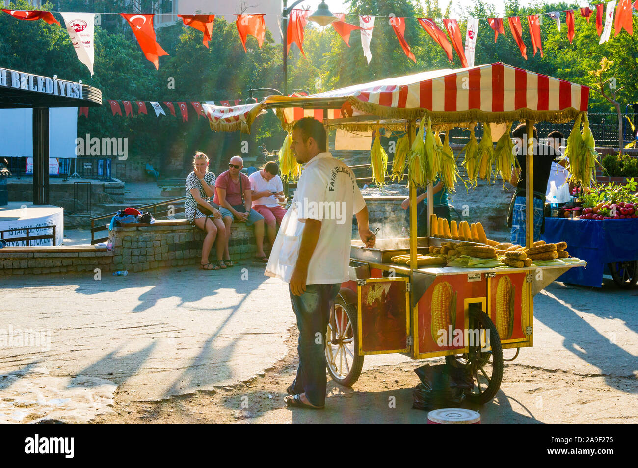 Istanbul, Turkey - August 27, 2013: Grilled corn seller. Man with food ...