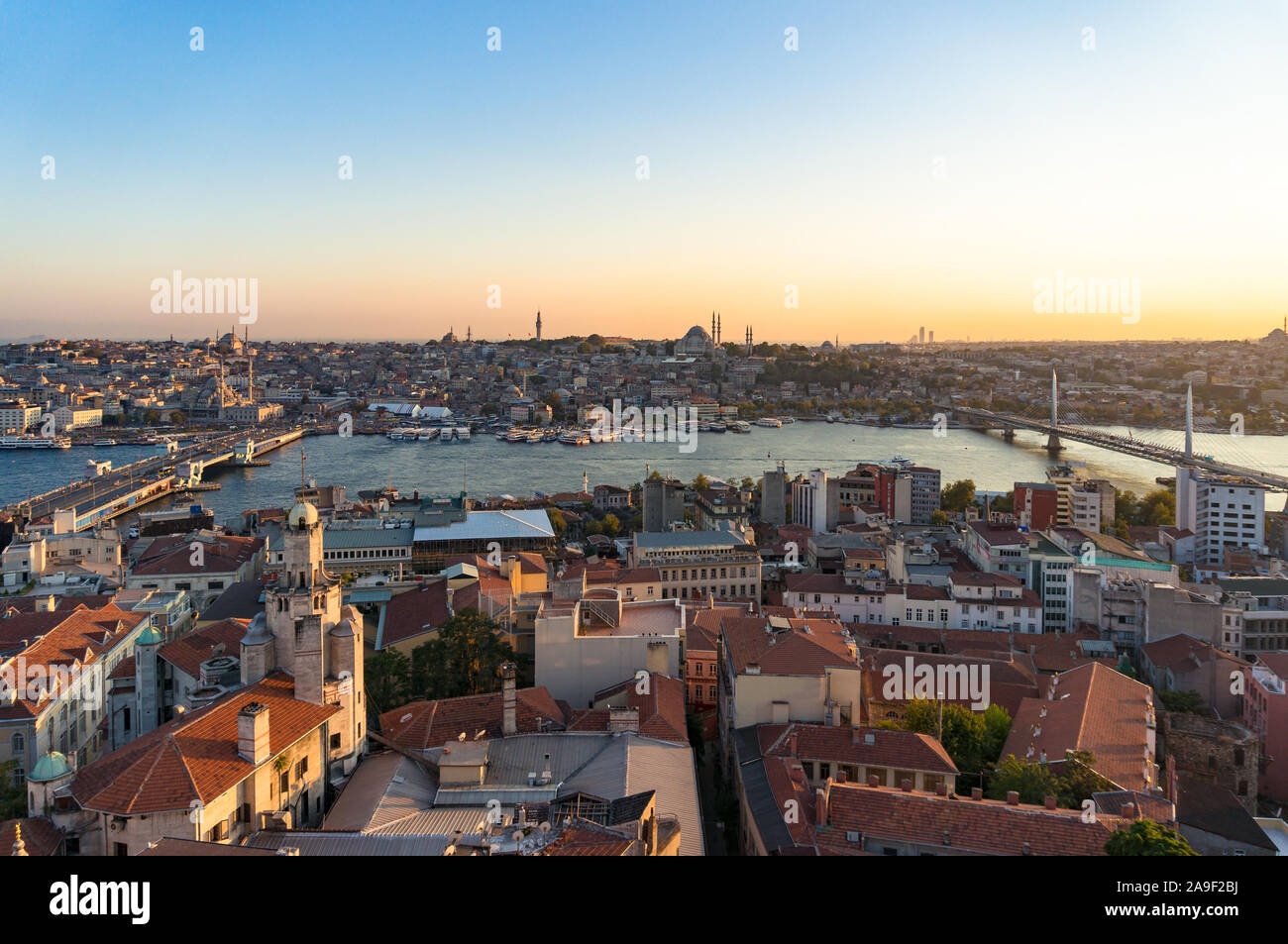 View from above on historic districts of Beyoglu and Karakoy with ...