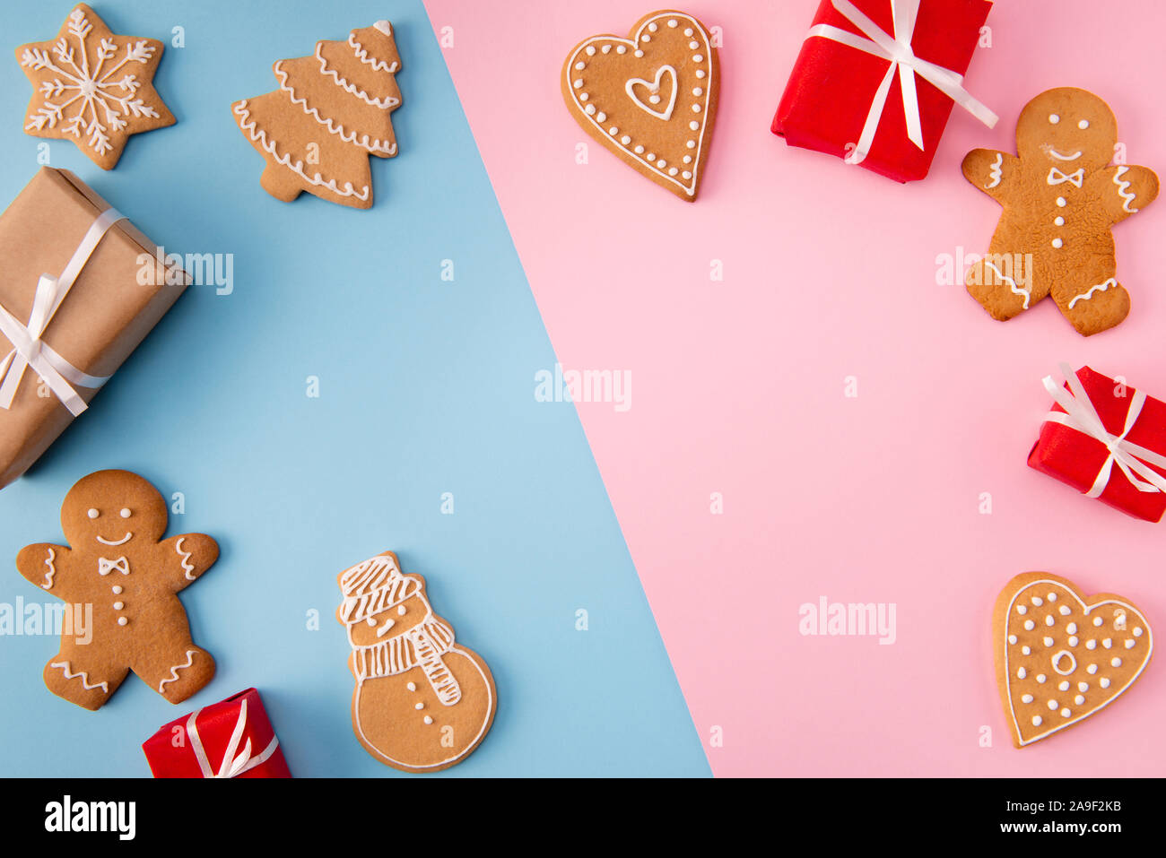 High angle above view photo of divided into two pink blue color parts ...