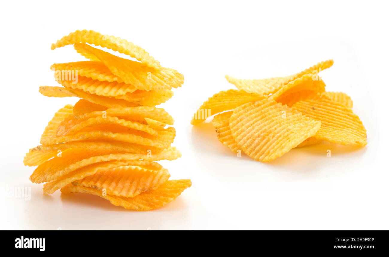 Potato slices turning into chips isolated, Crispy potato chips, salted ...