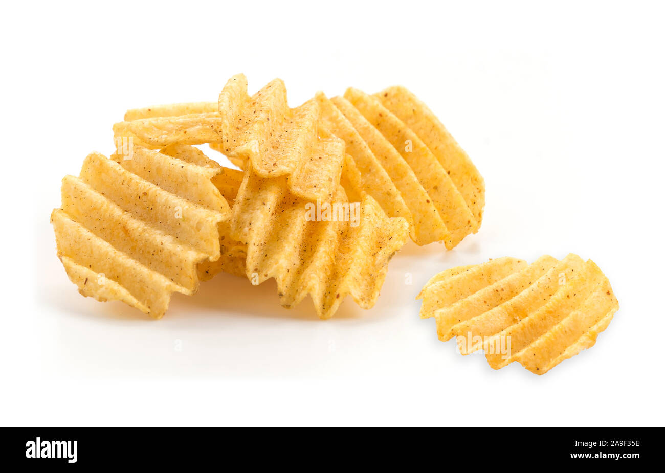 Potato slices turning into chips isolated, Crispy potato chips, salted ...