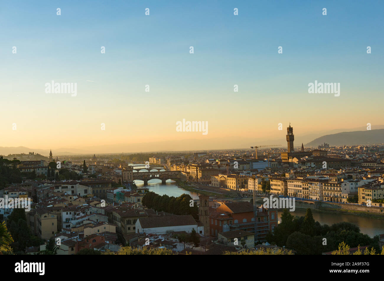 Horizontal panorama of Florence, Italy cityscape with Arno river and ...