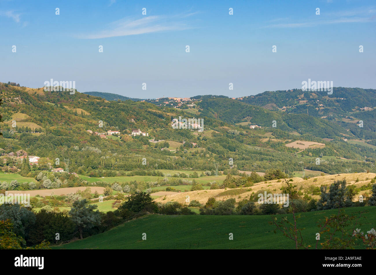 Picturesque countryside landscape panorama with view of green field and ...