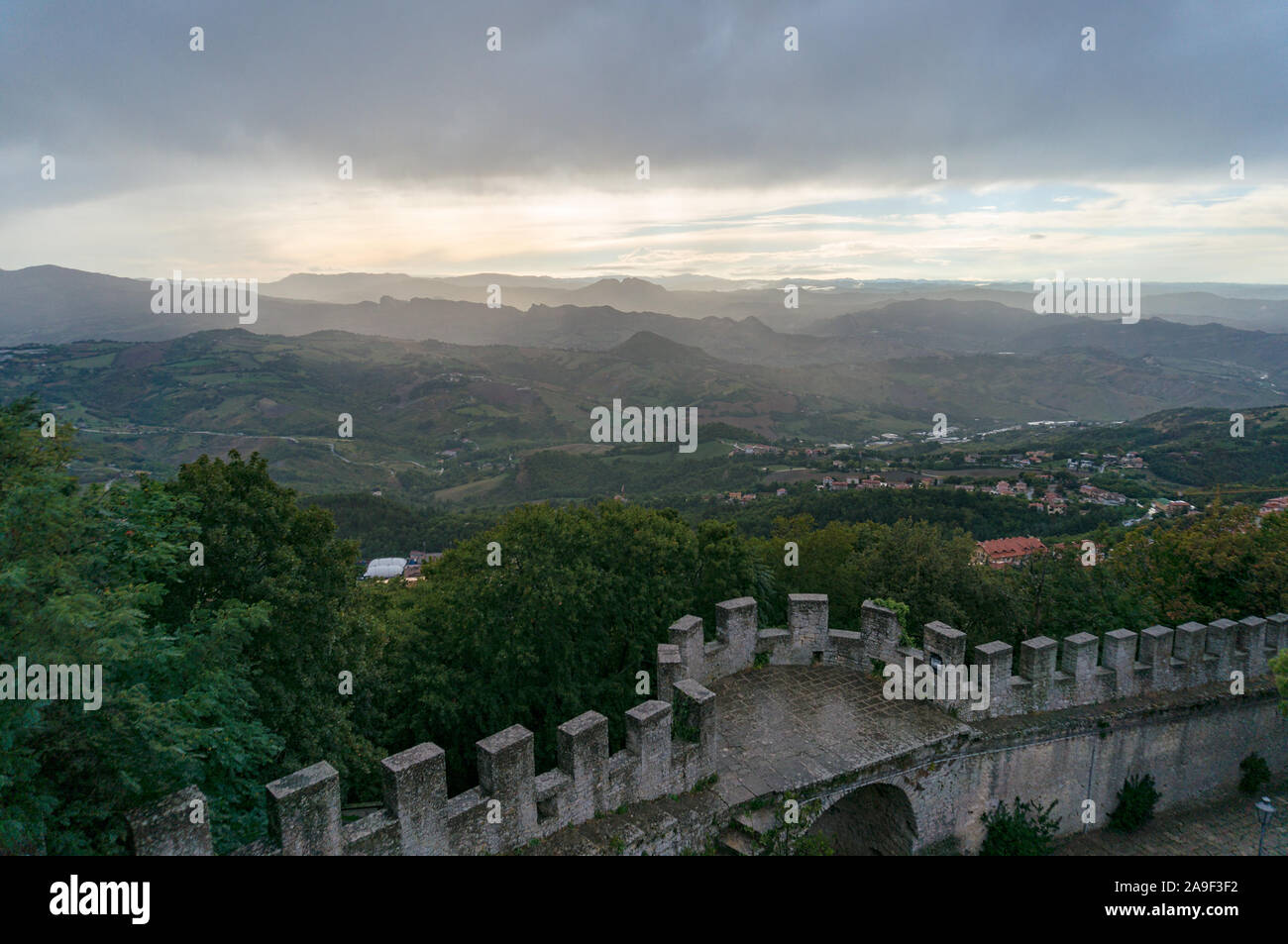 Aerial view of rural landscape on rainy day from fort, castle wall ...