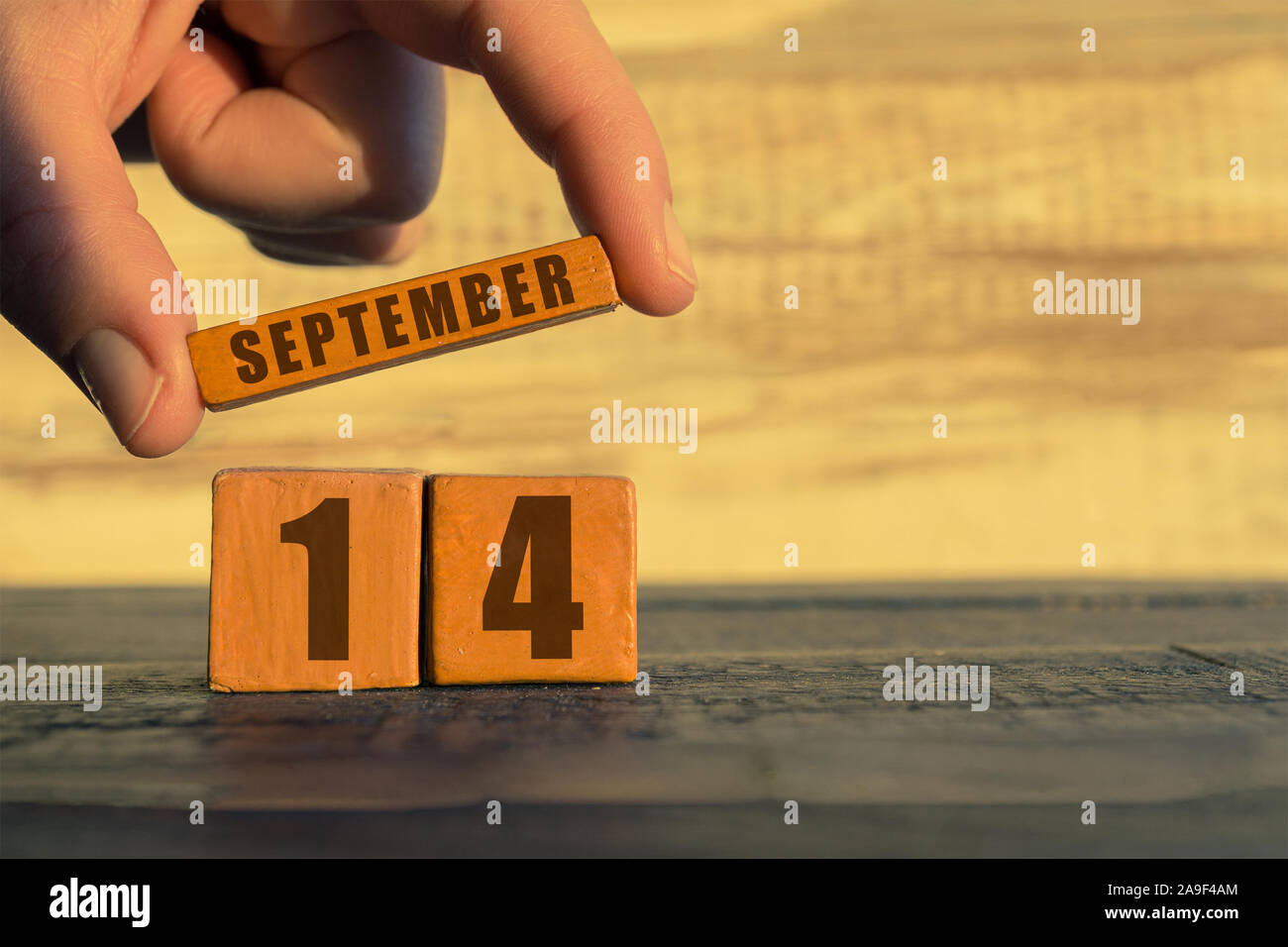 september 14th. Day 14 of month, calendar on a wooden cube. a woman's ...