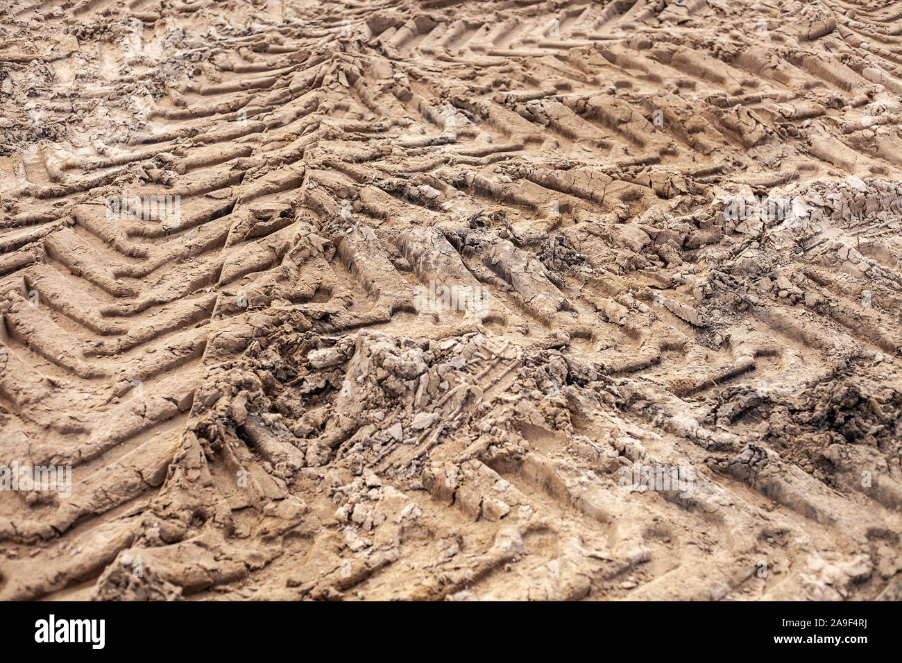 Tire tread marks. Footprints in the sand from a bulldozer. Sand texture ...