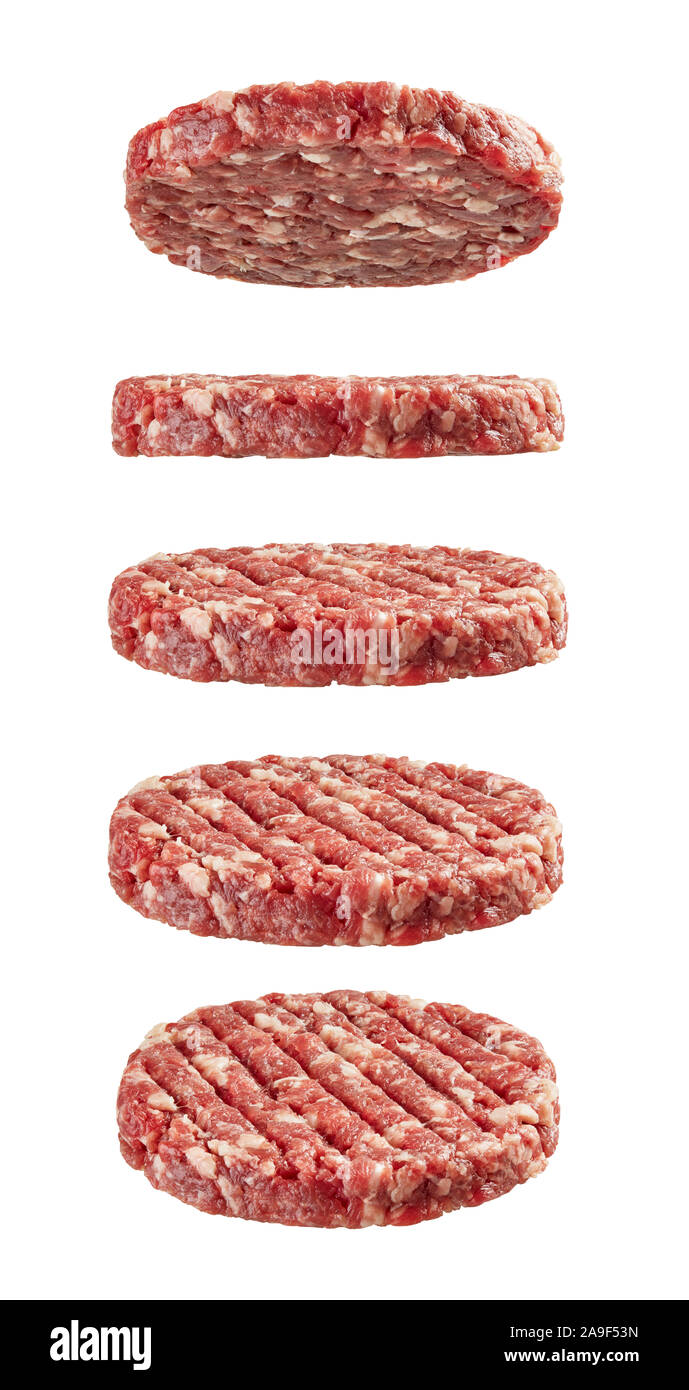 Raw hamburger meat isolated on white background in different angles ...