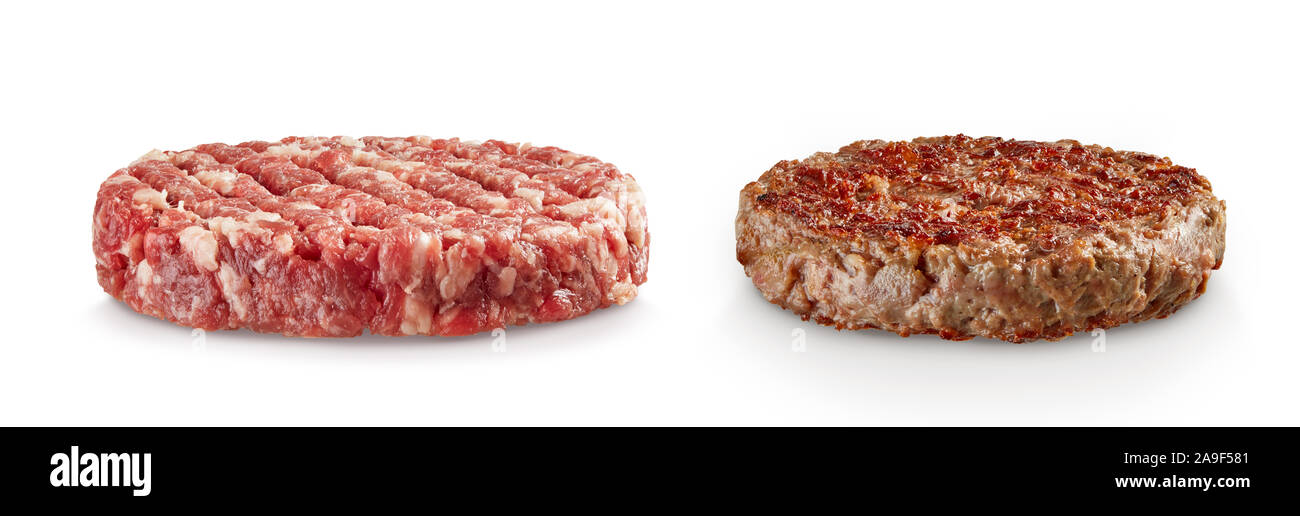 Raw and cooked hamburger meat isolated on white background Stock Photo ...