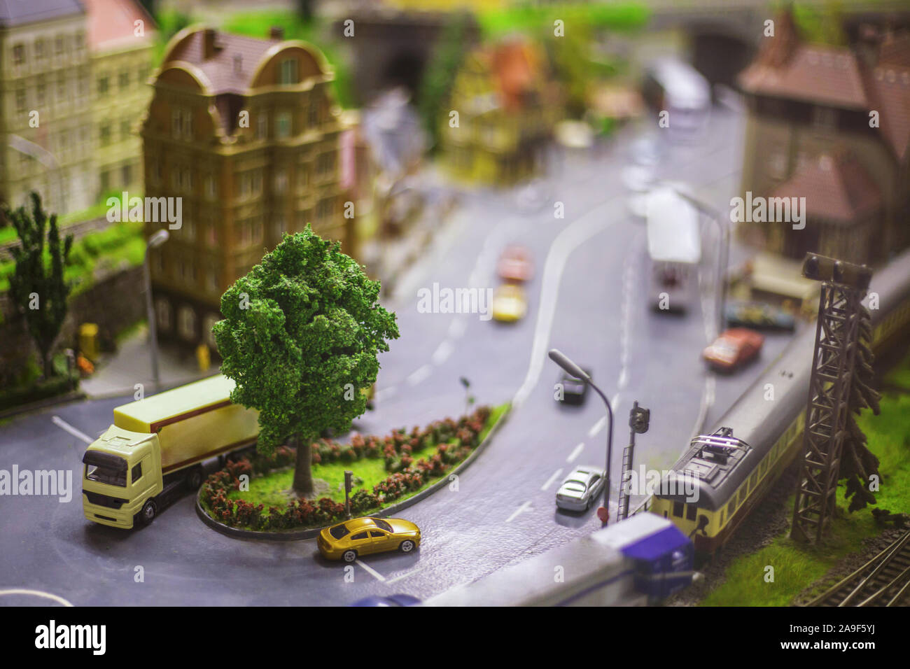 Miniature city made as a mockup. Busy traffic. City street. Weekday in ...