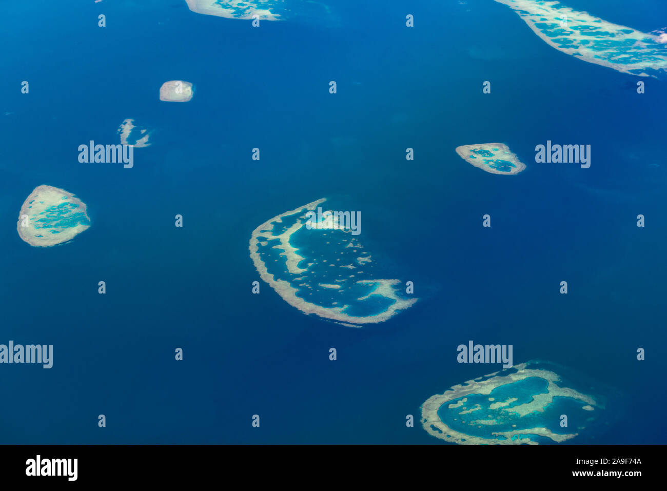 Aerial view of Paul Reef of The Percy Group of coralls. Great Barrier ...