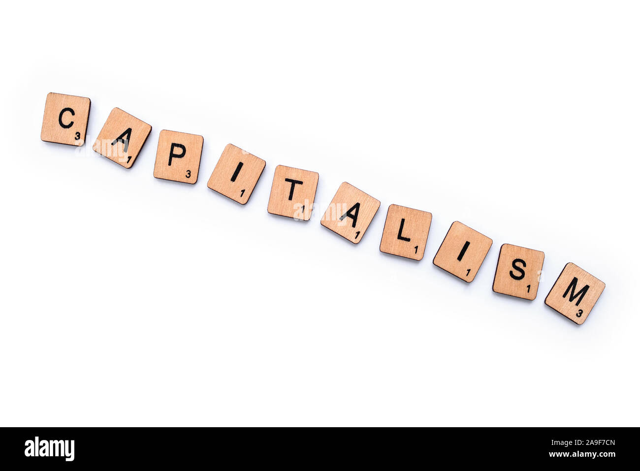 London, UK - March 27th 2019: The word CAPITALISM, spelt with wooden ...