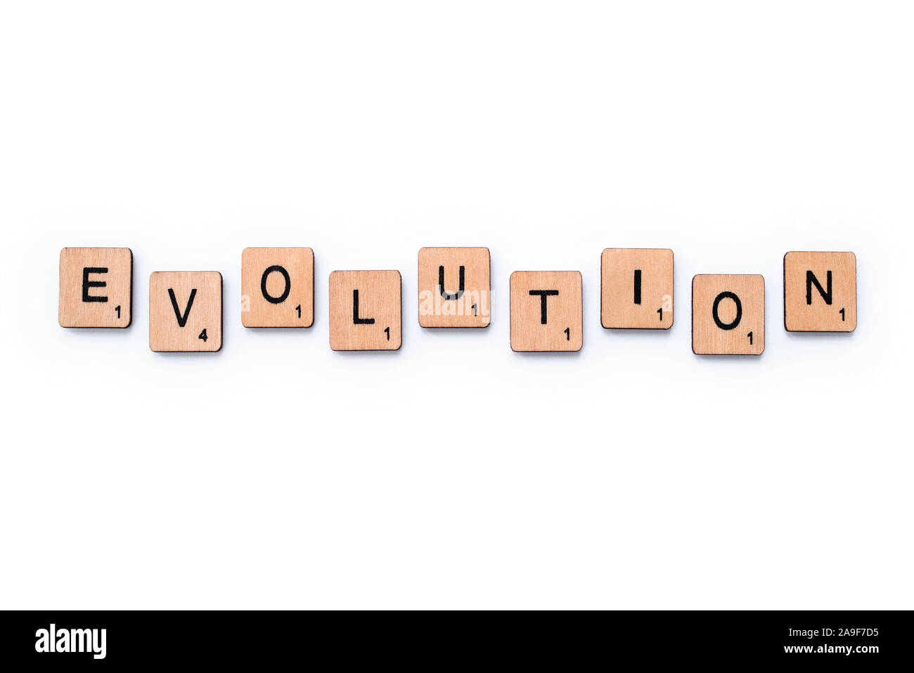 London, UK - March 27th 2019: The word EVOLUTION, spelt with wooden ...