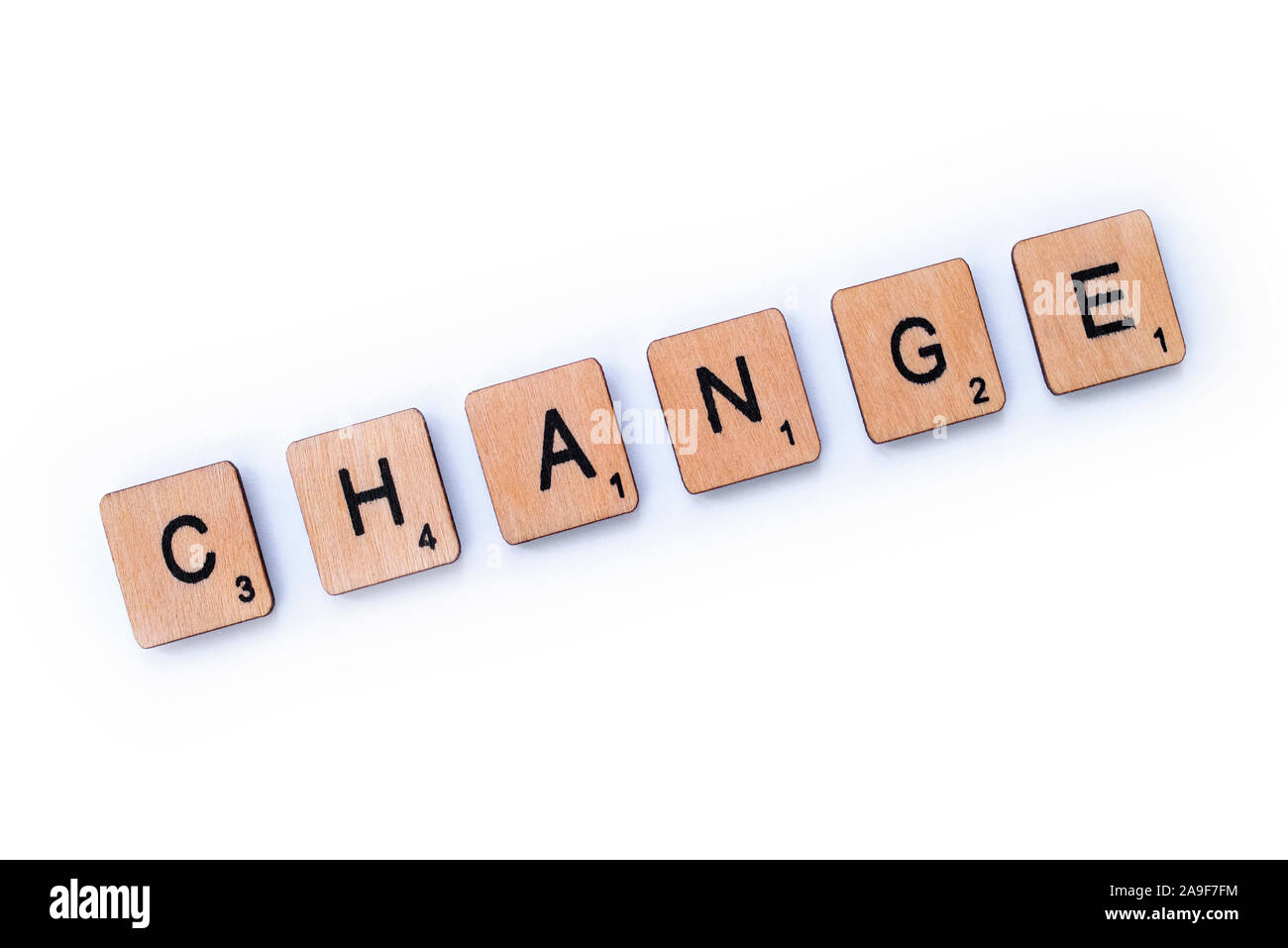 London, UK - March 27th 2019: The word CHANGE, spelt with wooden letter ...