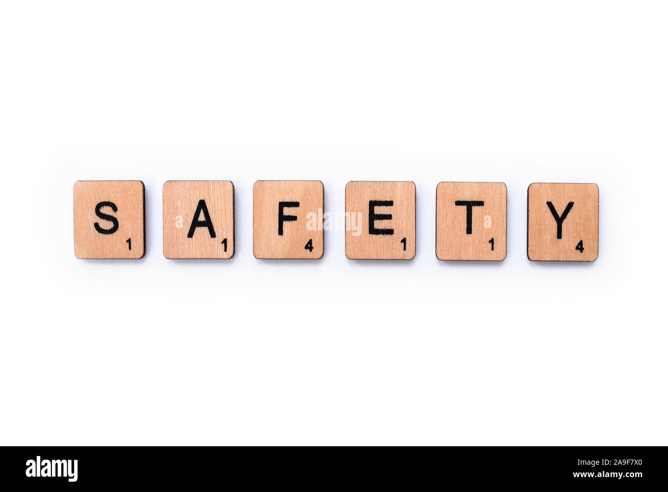 London, UK - March 27th 2019: The word SAFETY, spelt with wooden letter ...