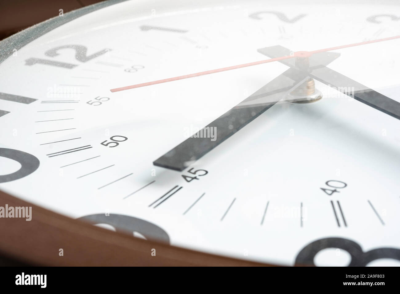 A close-up or macro shot of a broken, dirty and dusty old clock face ...