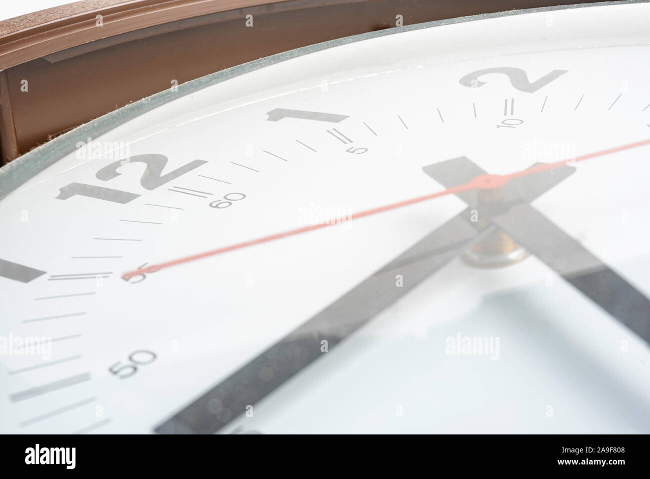 A close-up or macro shot of a broken, dirty and dusty old clock face ...