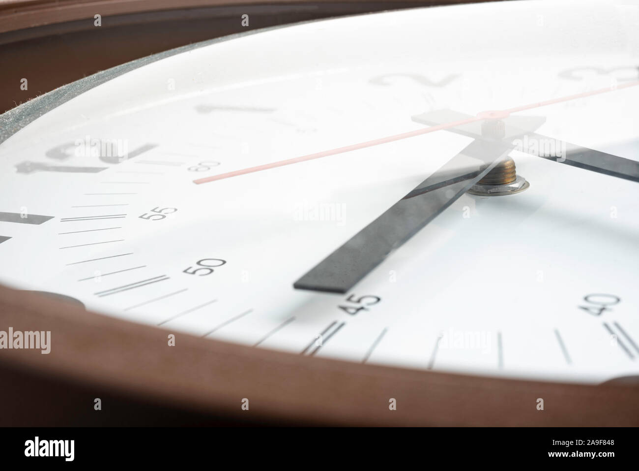 A close-up or macro shot of a broken, dirty and dusty old clock face ...