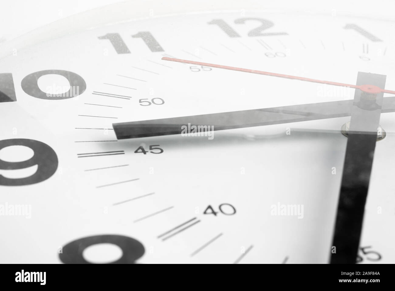 A close-up or macro shot of a broken, dirty and dusty old clock face ...
