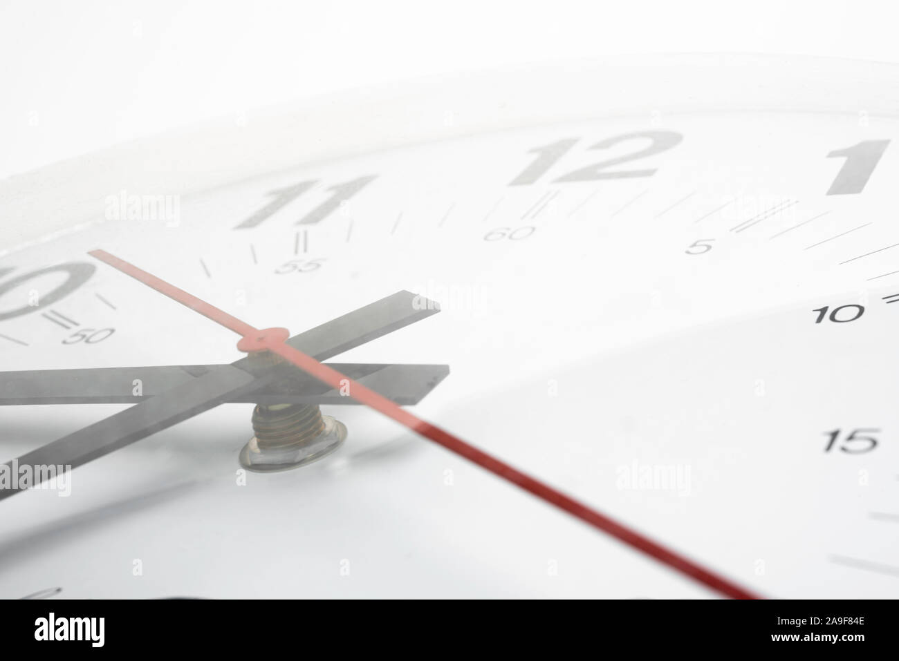 A close-up or macro shot of a broken, dirty and dusty old clock face ...